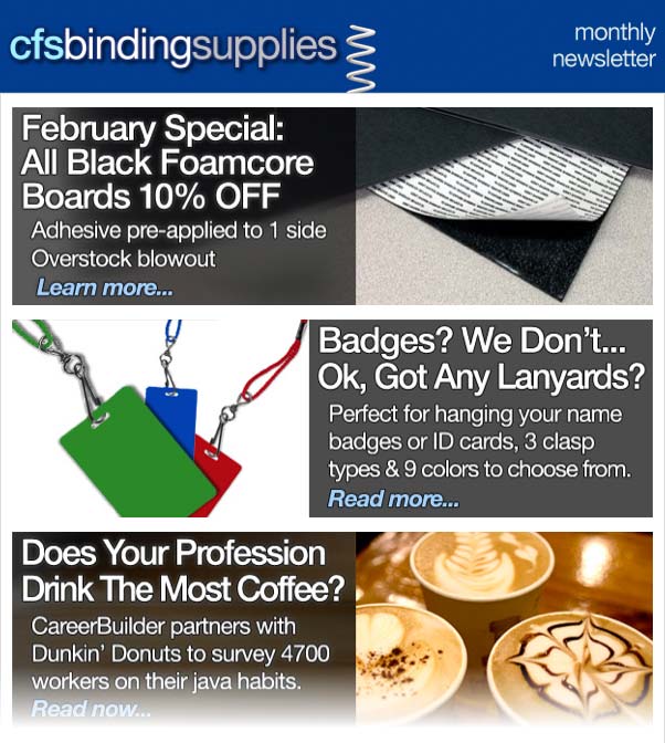 CFS February 2014 Newsletter: Black Foam Core Blowout, Lanyards & Heavy ...